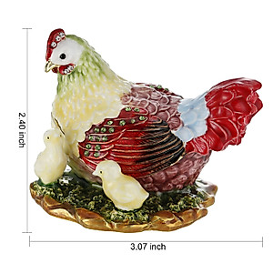 Hand Painted Hen Trinket Box for Home Decor, Hinged Enamel Jewelry Organizer Storage for Ring Earrings, Unique Figurine Keepsake Collectible Personalized Elegant Ornaments (Hen with Chicks)