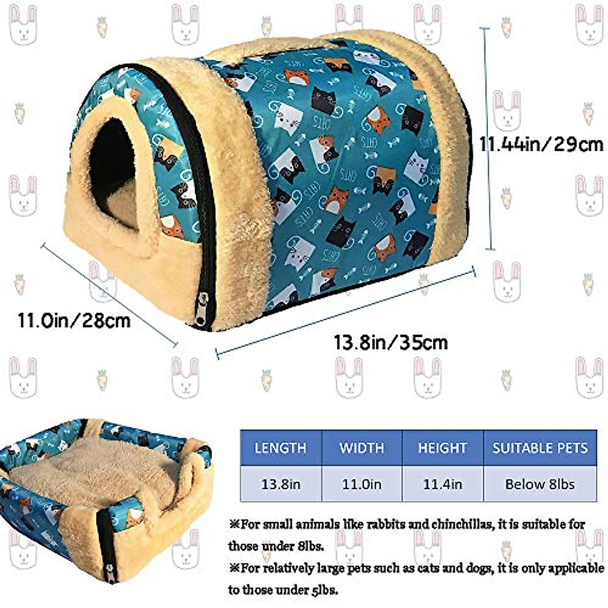 Rabbit Bed Tent Large Sleeping House Warm Fleece Hideout Foldable Cave Winter Hut for Rabbits Chinchillas Guinea Pigs Ferrets Hedgehogs Rats and Cats (Sky Blue)