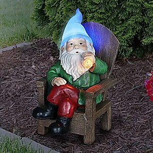 Exhart Solar Smoking Sam Garden Gnome Statue with LED Hat and Cigar, Durable Resin Outdoor Decor, Funny Yard Art, 9 x 11 Inch