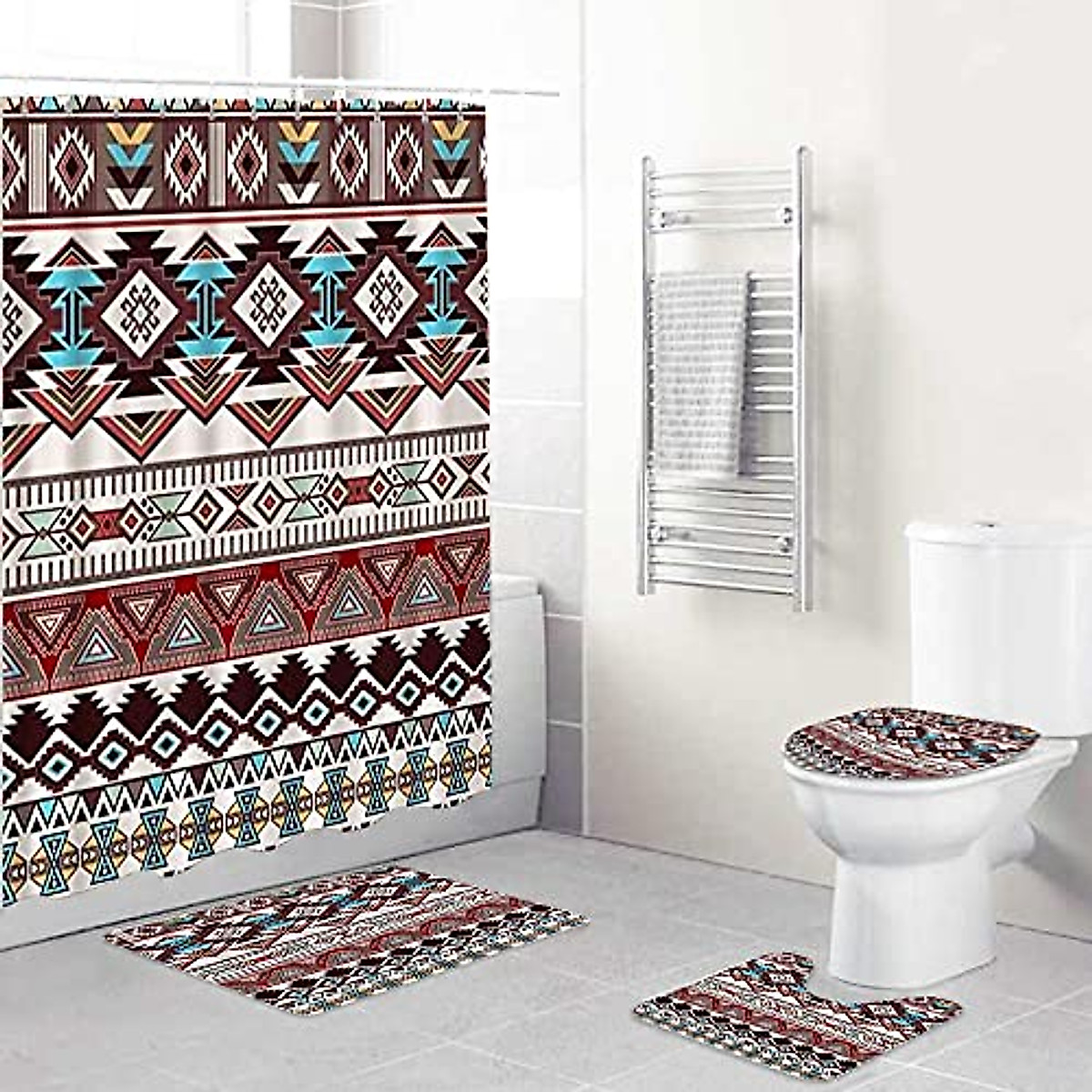 4 Pcs Shower Curtain Sets with Rugs Aztec American Southwestern Native Navajo Ethnic Tribal Vintage Boho Geometric Durable Shower Curtain Sets with 12 Hooks Waterproof Shower Curtain for Bathroom Set