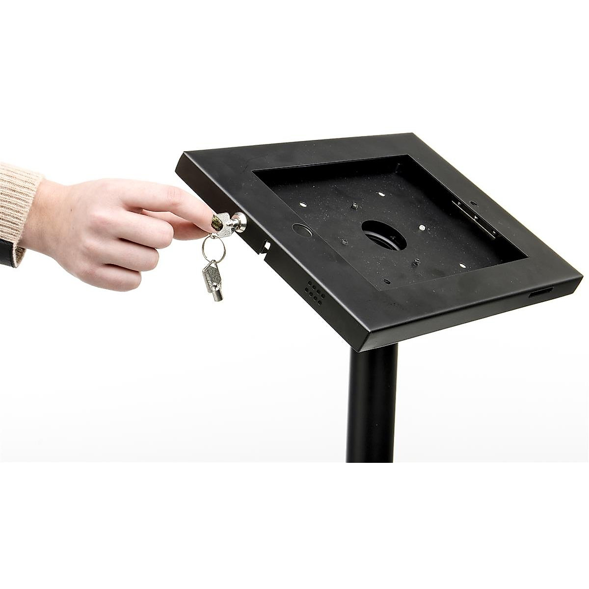 Displays2go iPad and Tablet Floor Stand, Locking, 360-degree Rotating Enclosure, Cable Management (Black Steel/Aluminum)