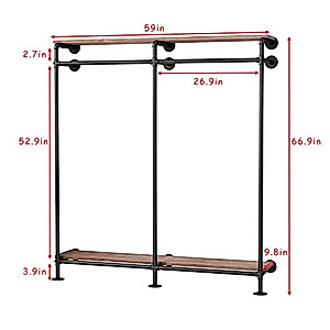 IronJiaZu Industrial Pipe Clothes Racks with 2 Shelves, Industrial Pipe Black Clothing Rack with Double Hanging Rods, Heavy Duty Wall Mounted Clothing Rack Rod for Closet Storage, Bedroom