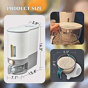 Darvii 23 Lbs Rice Dispenser - Grain Storage Container with Automatic Dispenser, Rectangular, Gray, 16.5 x 6.7 inches