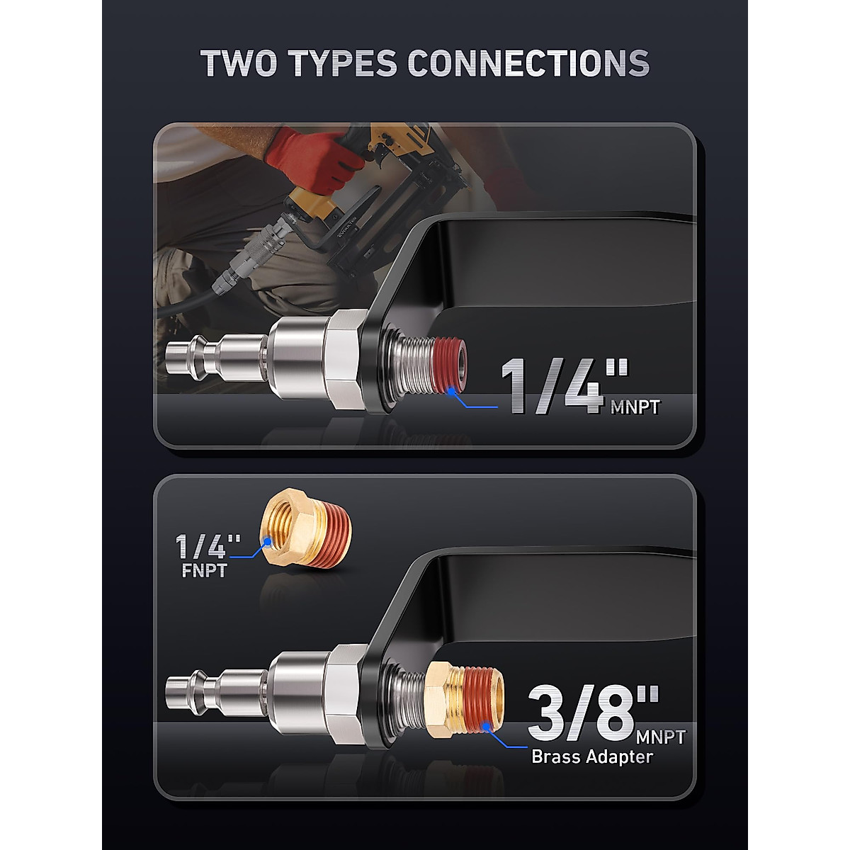 EVOULTES Pneumatic Tool Rafter Hook Hanger with 1/4 & 3/8 Inches Brass Air Fitting, 360° Swivel Lightweight Aluminum Air Tool Organizer Holder, L Shaped Hook for Air Nailer, Air Blow Gun