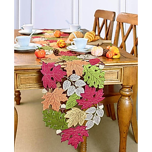 KEVA Fall Table Runner 72inches Long, Autumn Maple Leaves Table Runner 13x72 inch for Thanksgiving Kitchen and Table Decoration, Harvest Fall Farmhouse Rustic Embroidered Thanksgiving Table Runner