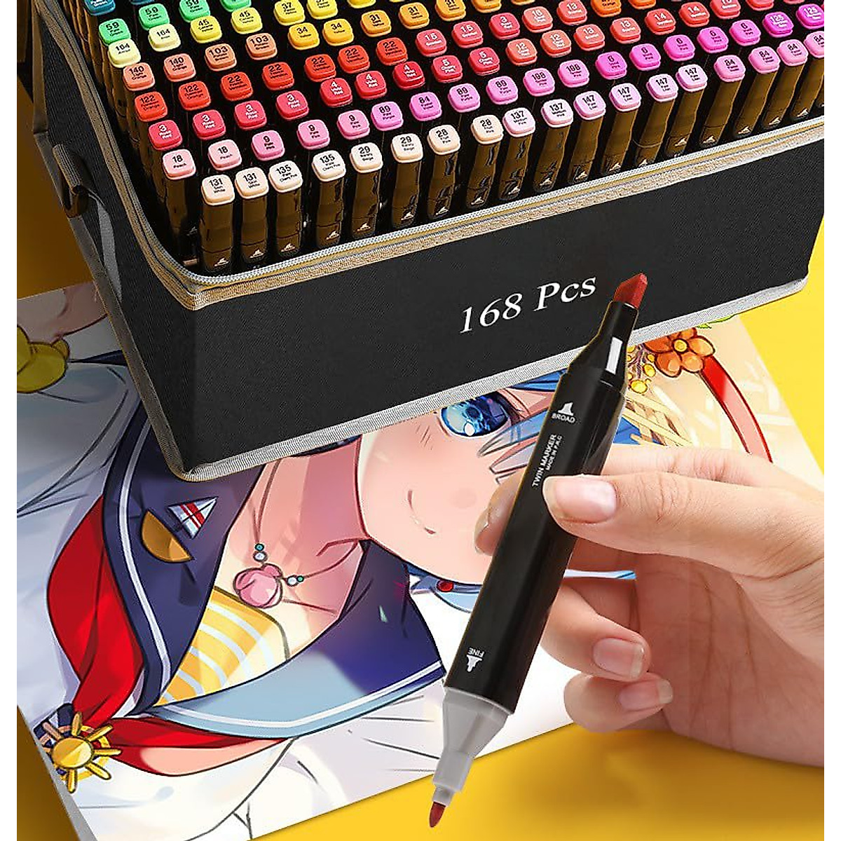 ZECHOMA 168 Colors Alcohol Markers Artist Drawing Art Dual Tip Markers Perfect for Kids Students Adult(168 Black Shell)