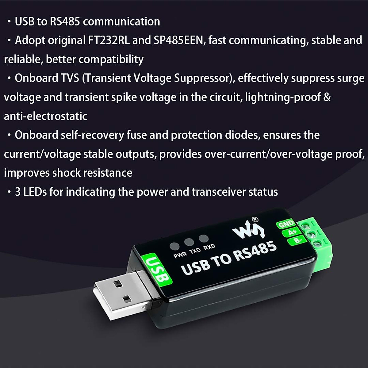USB to RS485 Converter Industrial Adapter Original FT232RL and SP485EEN Fast Communication Embedded Protection Circuits Resettable Fuse ESD Protection
