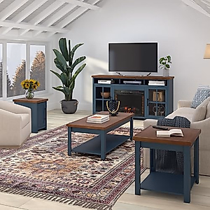 Bridgevine Home Desk, Nantucket Modern Farmhouse 3-Drawer Writing Desk, Small Desk 53 Inches, Fully Assembled Wooden Desk with Drawers, Poplar Solid Wood Desk, Blue Denim and Whiskey Finish