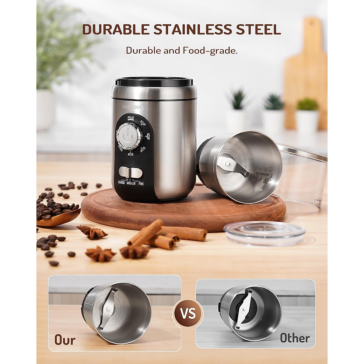 SHARDOR Adjustable 12 Cup Coffee Grinder Electric with 3 Grinding Settings, Stainless Steel Coffee Bean Grinder for Spice Nut Herb, Espresso Grinder with 1 Removable Stainless Steel Cup