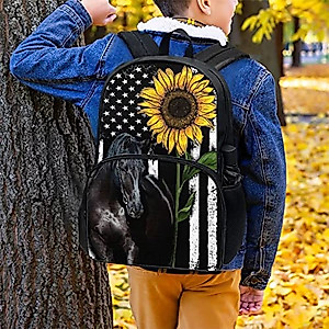 doginthehole Black Horse Backpack School Bag for Students Girls Boys American Flag Sunflower Laptop Bookbag Shoulder Bag Travel Hiking Camping Daypack for Women 17 Inch