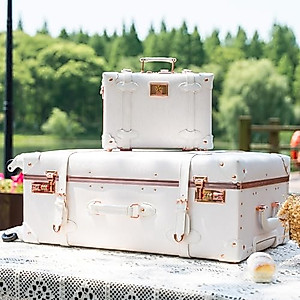 urecity Vintage Luggage Set, 2 Piece Retro Leather Suitcase for Women, Travel Luggage with Spinner Wheels and Beauty Case, Cute Designer Trunk Luggage (Rose White, 26"+12")