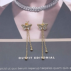 Yheakne Vintage Crystal Butterfly Stud Earrings Gold Long Chain Earrings Thin Drop Chain Earrings Cz Paved Butterfly Earrings Retro Hanging Chain Earrings Jewelry for Women and Girls
