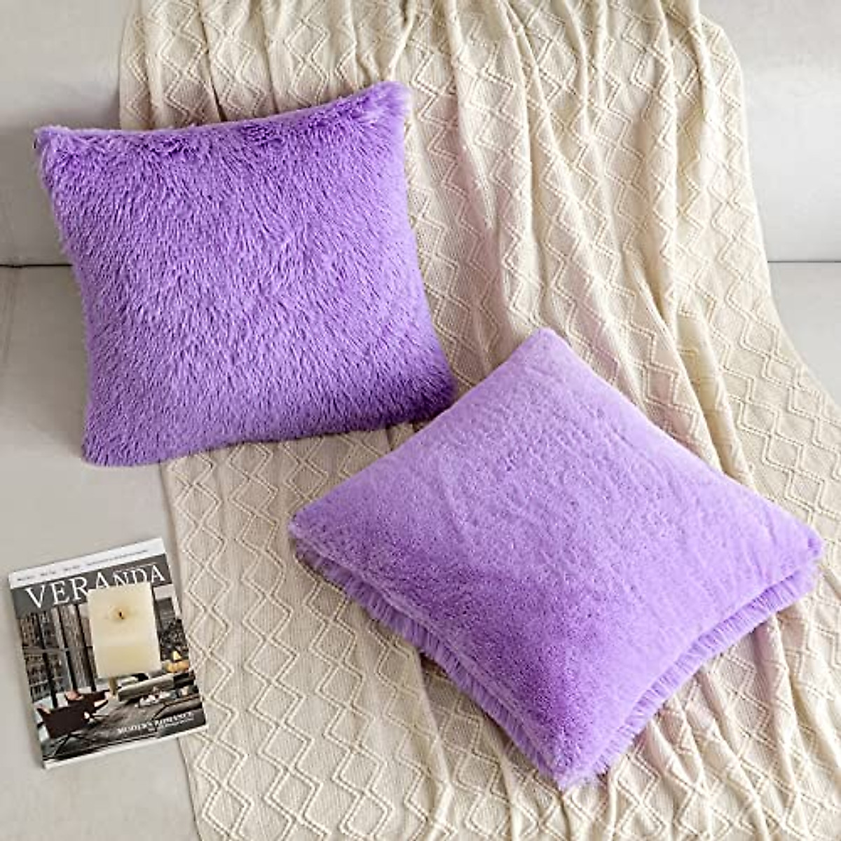 MIULEE Pack of 2 Luxury Faux Fur Throw Pillow Cover Deluxe Decorative Plush Pillow Case Cushion Cover Shell for Sofa Bedroom Car 18 x 18 Inch Light Purple