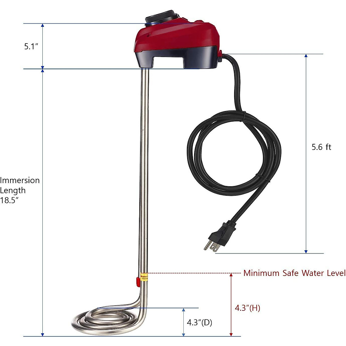 KD 1600W Immersion Bucket Water Heater, Auto Shutoff, Overheating Prevention, Auto Water Level Senor, Adjustable Thermostat, Easy-to-Use (RED / 1600 WATT)