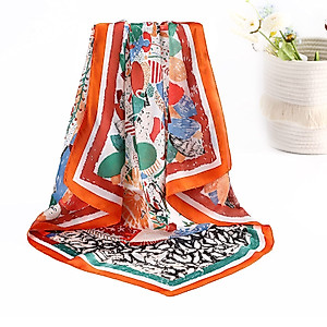 AWAYTR 27.5” Silk Satin Square Head Scarf/Scarves for Women Hair Bandanas Sleeping Neck Head Kerchief/Wraps (Flowering Leaves (Beige/Orange/Navy/Red)), 4PCS