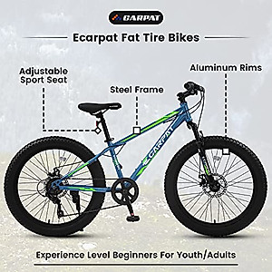 dingdongbro 24 Inch Fat Tire Bike with Full 7-Speed System, Mountain Bike Offers Dual Disc Brake and Durable High-Carbon Steel Frame, Front Suspension, for Urban Commutes and Mountain Trails