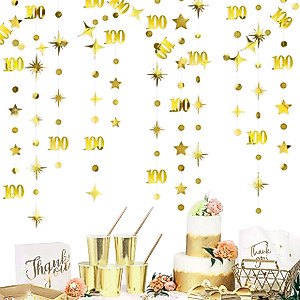 Gold 100th Birthday Decorations Number 100 Circle Dot Twinkle Star Garland Hanging Streamer Bunting Banner Backdrop for Women Mens 100th Anniversary Babys Happy 100 Days Birthday Party Decor Supplies