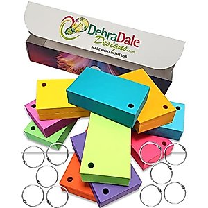 Debra Dale Designs Made in USA 900 Blank Hole Punched Pocket-Size Flash Cards 2" x 3-1/2" 10 Bright Colors 10 Metal Book Rings Standard 65# Card Stock