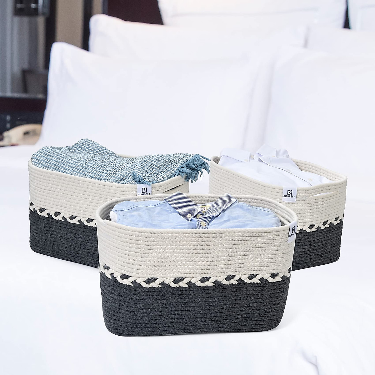 RITHLELA Cotton Rope Cube Shelf Storage Baskets Set of 3, Woven Baskets Fabric Bins Cat Toy Baskets Shelves Nursery Basket for Bathroom Bedroom Dark Grey & White 15"x10"x9" Design