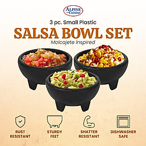 Alpine Cuisine Small Salsa Bowls (Molcajete) 3pc Set, Food Grade Plastic Material, Heavy Duty & Easy to Clean, Multi-Purpose Salsa Bowl for Serving, Durable & Dishwasher Safe
