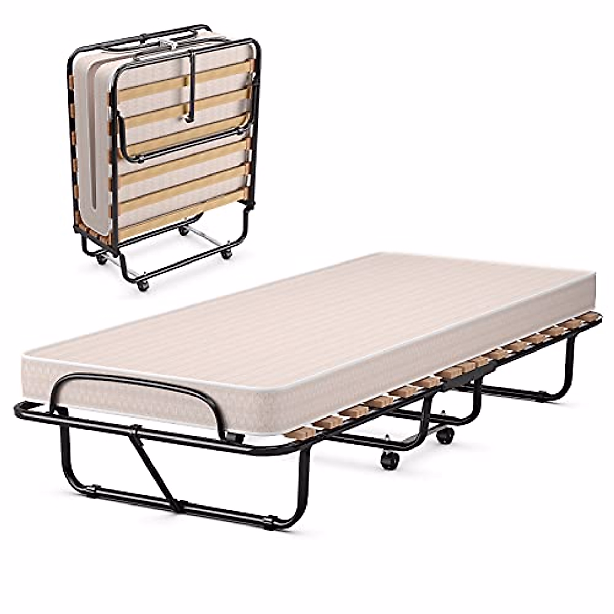 GOFLAME Rollaway Folding Bed with Memory Foam Mattress, Portable Guest Beds Cot Size with Sturdy Metal Frame for Spare Bedroom & Office
