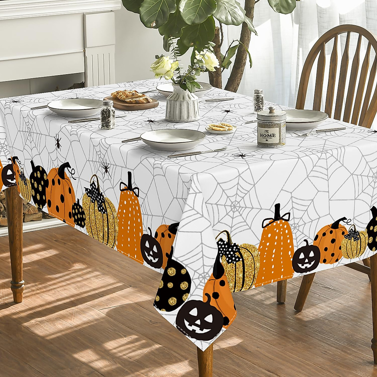 Horaldaily Halloween Tablecloth 60x84 Inch Rectangular, Jack-O-Lantern Pumpkin Cobweb Scary Themed Washable Table Cover for Party Picnic Dinner Decor