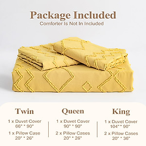 WARMDERN Boho Duvet Cover Set 3 Piece Yellow Queen Duvet Cover Set Washed Microfiber Tufted Bedding Set with Zipper Closure Wavy Stripes Duvet Cover and 2 Pillowcases(Queen,Yellow)