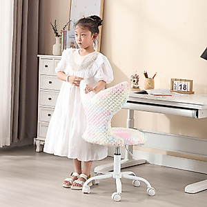 Guyou Cute Fuzzy Desk Chair for Kids/Girls/Boys, Mermaid Kids Study Chair Fluffy Children’s Swivel Chair with Wheels and Adjustable Height for Computer/Bedroom/Study Room Reading (Light Colorful)