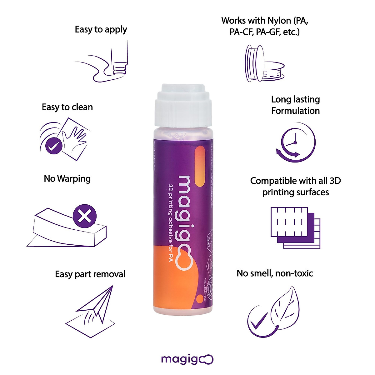 Magigoo - MPA2019 3D Printer Adhesive Glue - Long-Lasting and Reduces Warping for Nylon Filaments on Flex Plate, Glass, PEI, Buildtak & Kapton - 3D Printing Accessories, Supplies, and Materials (50mL)