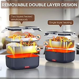 Sitlais Electric Heated Lunch Box for Men, 2 Liters 90 W Double Layer Portable Food Warmer for Car Truck Self Heating Lunch Box for Work Food Heater for Adults Travel Camping lonchera,Dark Blue