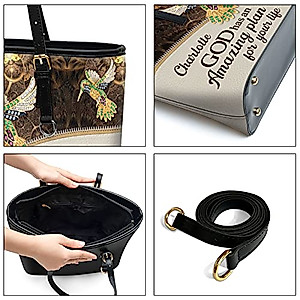 Jesuspirit - Large Shoulder Bag With Changing Name - God Has An Amazing Plan For Your Life - Personalized Faux Leather Tote Bag With Strap - Worship Gift For Sister, Aunt, Daughter - Hummingbird & Flower