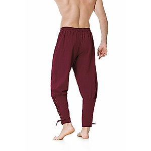 GRAJTCIN Renaissance Pirate Cosplay Costume with Drawstrings Lace Up Tapered Banded Navigator Casual Trousers Medieval Ren Faire Steampunk Medieval Viking Pirate Pants（M,Burgundy）