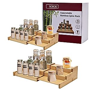 ROSOS Spice Rack Organizer for Cabinet 2 Pack, Bamboo Spice Rack Organizer for Countertop Expandable from 8.7-15inch, 3-Tier Durable Spice Organizer for Cabinet, Natural
