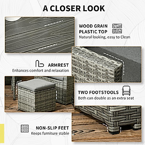 Outsunny 6 Piece Patio Dining Set, PE Rattan Furniture Set with 2 Chairs Cushions & Outdoor Loveseat Sofa, Woodgrain Slatted Dinner Table, Gray