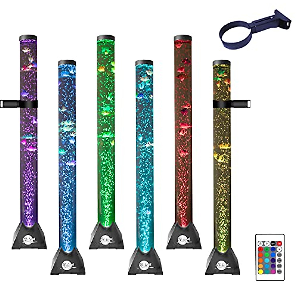 Brewish 4FT Sensory LED Water Bubble Fish Tube Floor Lamp with 20 Color Changing Night Light Effects– Fake Aquarium Tank & Gift for Kids, Autism - Remote Control & 12 Fishes (Wall Bracket Included)