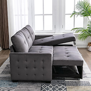 Polibi 76.8'' Pull Out Sleeper Reversible Sectional Storage Sofa Bed,Convertible Velvet Corner Sofa Bed and L-Shape 2 Seat Sectional Chaise with Storage,Sleeper Sofa for Living Room,Dark Grey