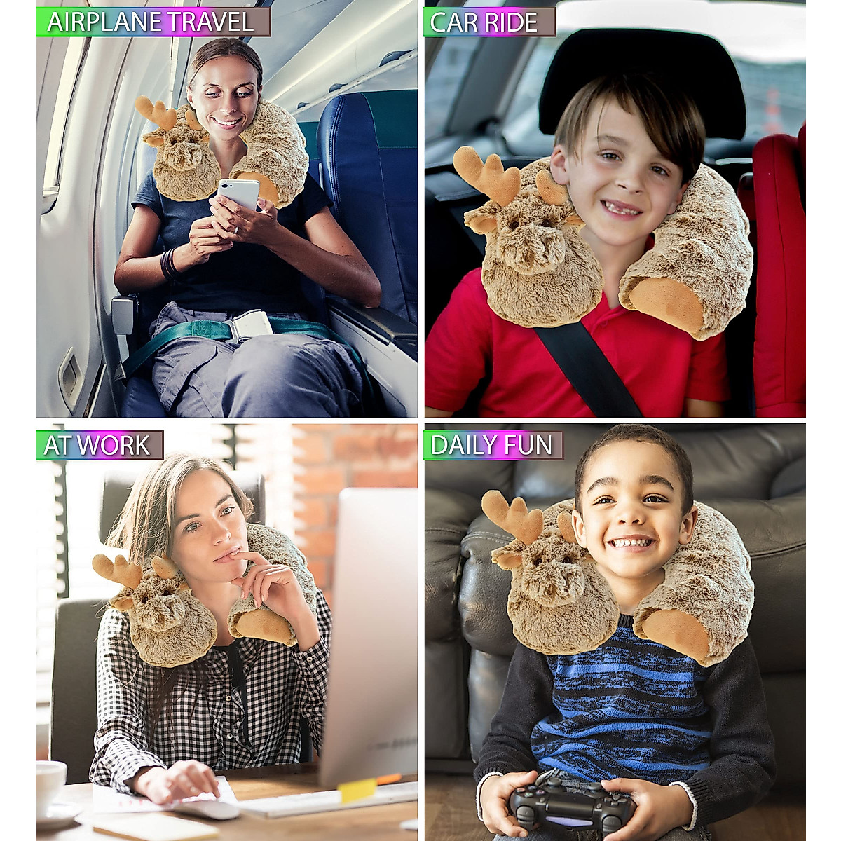 DolliBu Brown Moose Plush Neck Pillow - Soft Travel Neck Pillow Animal for Neck & Head Support, Cute Wild Life Stuffed Pillow Accessory for Naps, Novelty Stuffed Animal Headrest for Kids & Adults