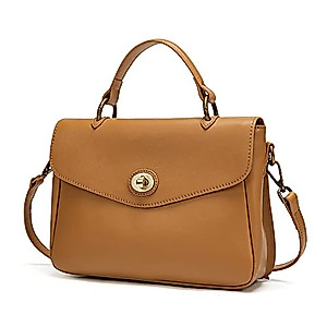 Leather Top Handle Handbags For Women Vintage Medium Shoulder Messenger Bag With Lock Flap (2-Brown)