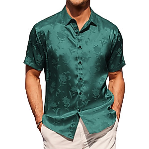 COOFANDY Men's Jacquard Satin Button Down Shirts Short Sleeve Silk Shirts Casual Summer Beach Shirt Green Large
