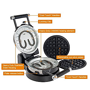 Secura Upgrade Automatic 360 Rotating Non-Stick Belgian Waffle Maker w/Removable Plates, 17”*10“*6.05”