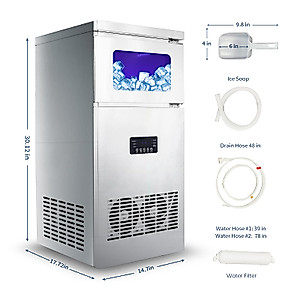 Commercial Ice Maker Machine, 130lbs/24H Under Counter ice Machine with 36lbs Ice Storage Capacity, 50 Ice Cubes/Cycle Stainless Steel Freestanding Ice Maker, Intelligent Operation, Automatic Cleaning