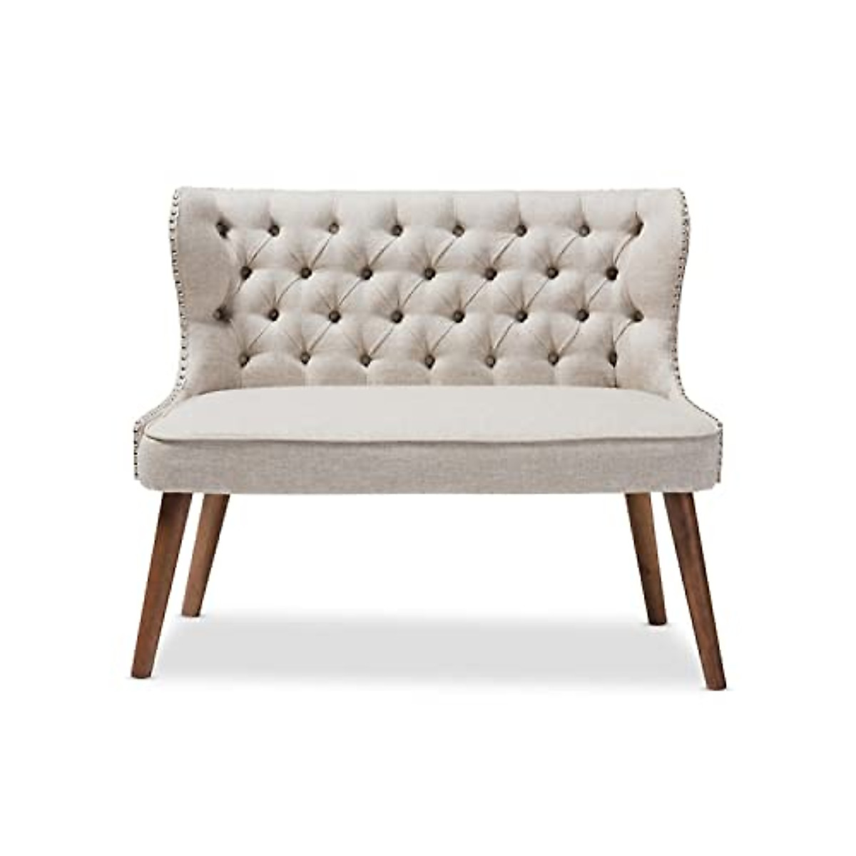 Baxton Studio Scarlett Mid-Century Modern Brown Wood and Light Beige Fabric Upholstered Button-Tufting with Nail Heads Trim 2-Seater Loveseat Settee