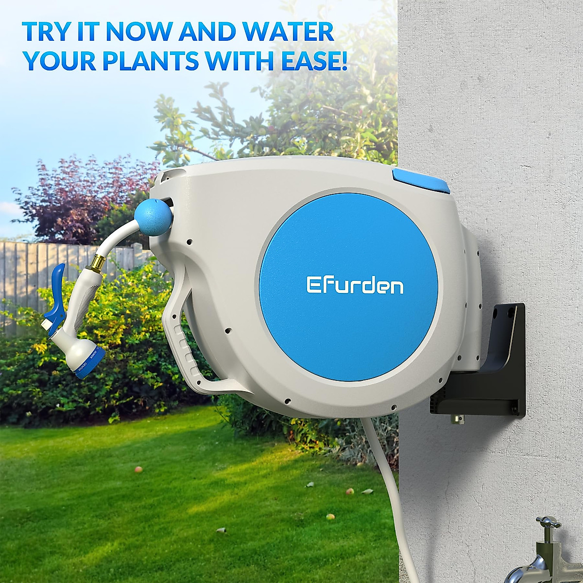 Efurden Retractable Hose Reel, 5/8 Inch x 100ft Wall Mounted Garden Hose Reel with 180 Deg Swivel Bracket and Automatic Rewind