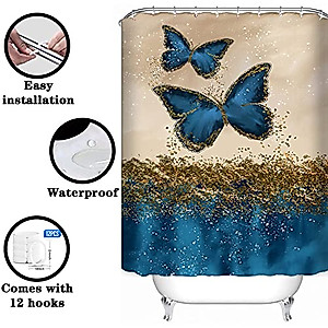 4 Pcs Shower Curtain Set,Blue Butterfly Gold Luxury Abstract Art Painting Modern Wall Art Shower Curtain with Non-Slip Rugs,Toilet Lid Cover and Bath Mat,Bathroom Sets Decorations 72" x 72"