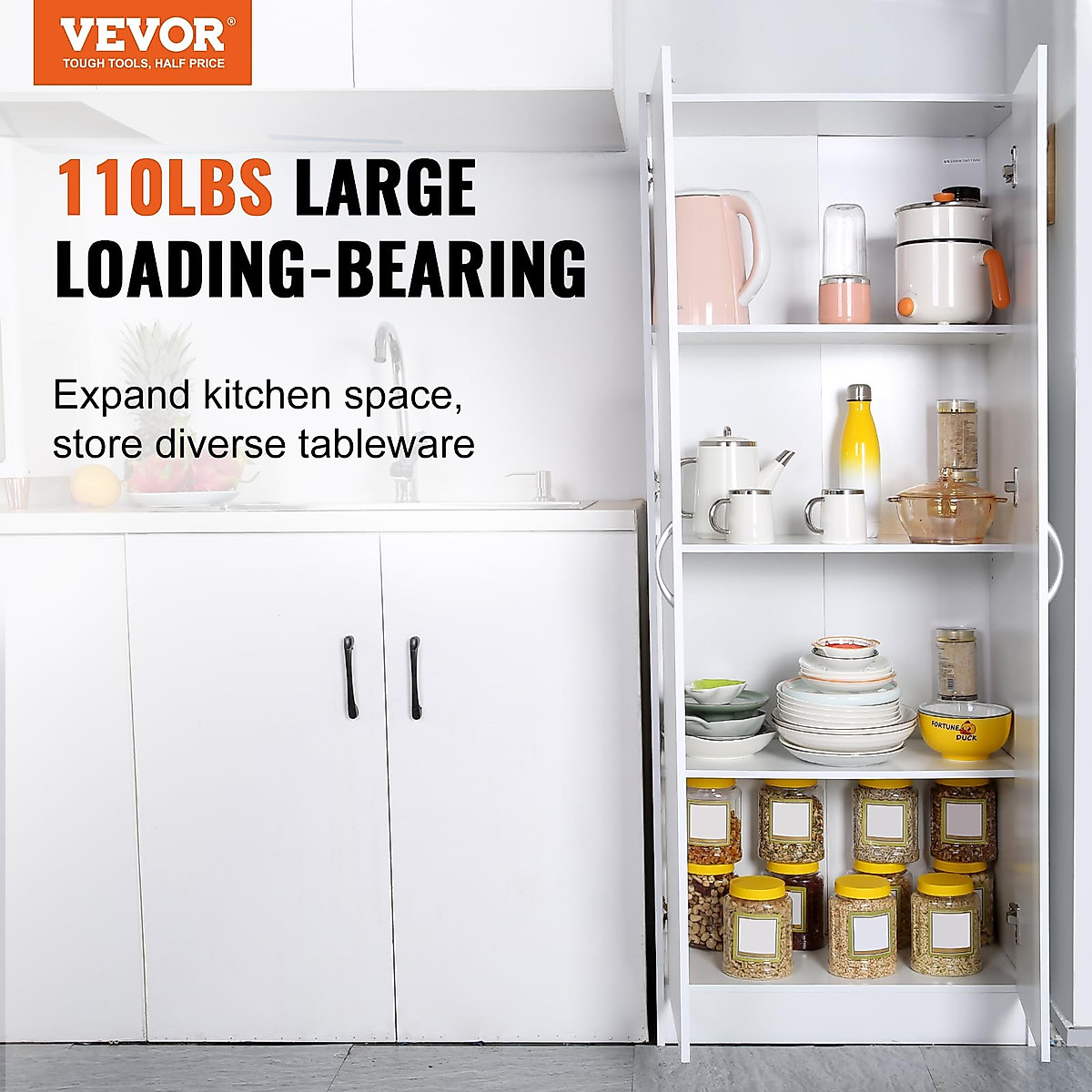 VEVOR 60" Tall Kitchen Cabinet, 110LBS Freestanding Pantry with 3 Shelves(2 Adjustable) for Food Storage, Engineered Wood Utility Cabinet for Kitchen and Dining Room, 12"D x 24"W x 60"H, White