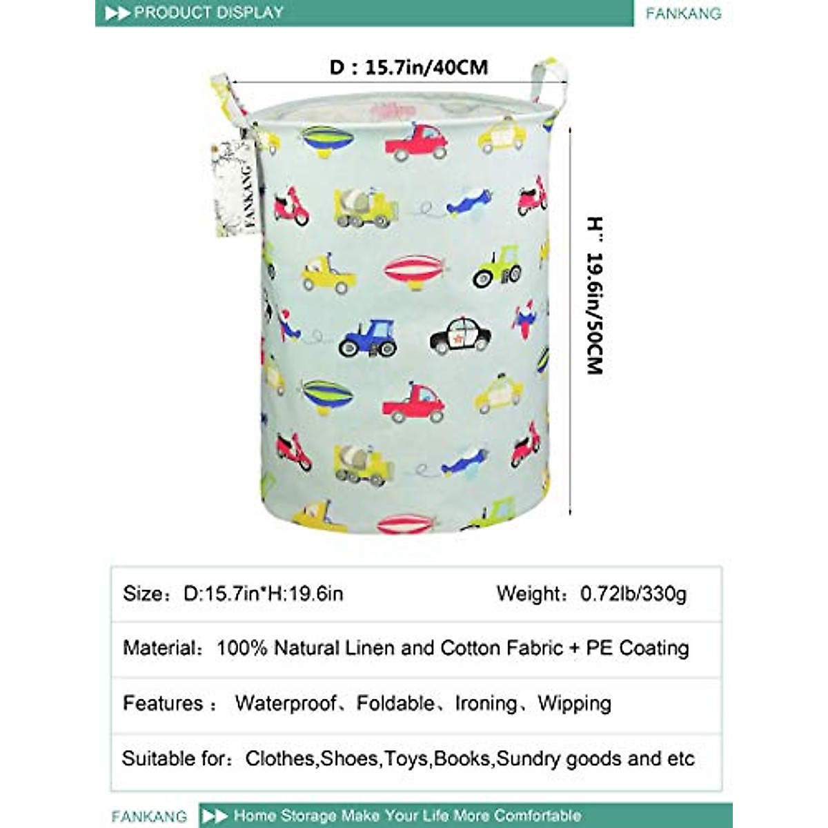 FANKANG Storage Bins Nursery Hamper Canvas Laundry Basket Foldable with Waterproof PE Coating Large Storage Baskets Gift Baskets for Kids, Office, Bedroom, Clothes,Toys (Cars)