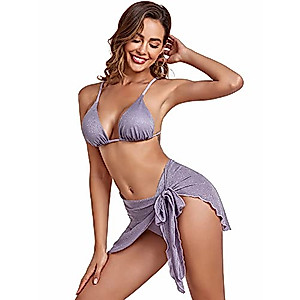 ZAFUL Sexy 3 Piece Bikini Set for Women String Tie Triangle Thong Sparkly Metallic Shiny Swimsuit with Cover Up Skirt (Purple,S)