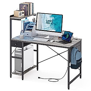 LINSY HOME Computer Desk 47”, Home Office Desk with Storage Shelves Pegboards, PC Gaming Desk with LED Lights and Outlets, Reversible Small Writing Study Desk, Grey