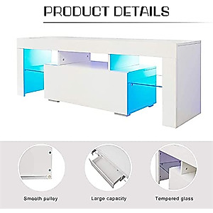 DMAITH White Modern LED TV Stand for 55/60/65 Inch TV, High Glossy Gaming Entertainment Center with Large Storage Drawers, TV Media Center with Display Glass Shelves for Living Room, Bedroom, 002W