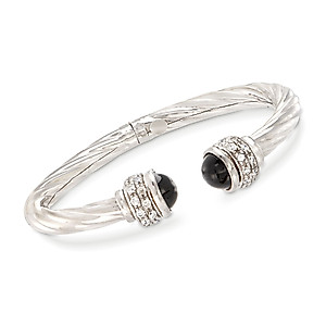 Ross-Simons Italian Black Onyx and 1.30 ct. t.w. CZ Twisted Cuff Bracelet in Sterling Silver. 7 inches